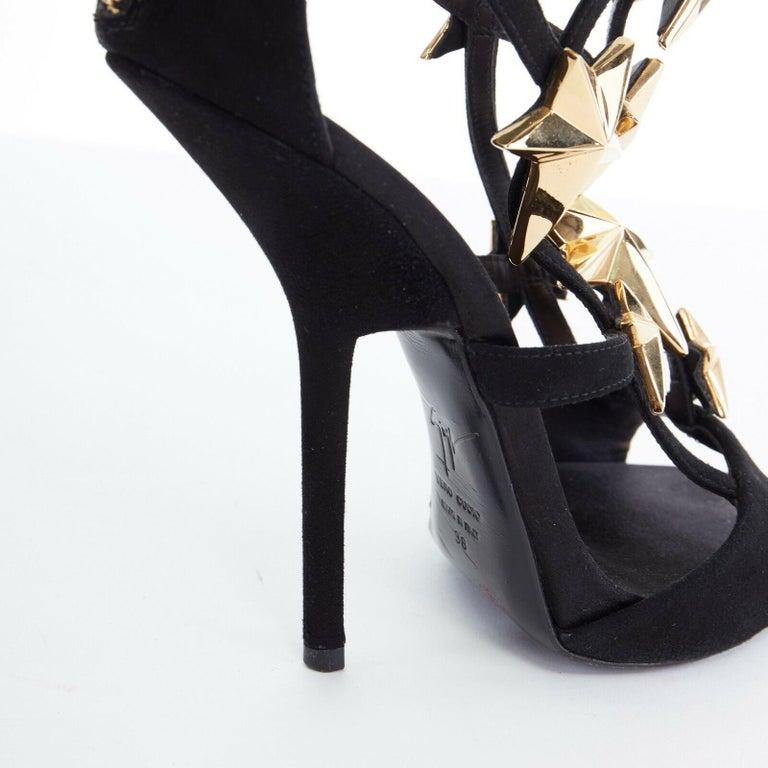GIUSEPPE ZANOTTI Alien black suede leather gold star strappy sandals ...