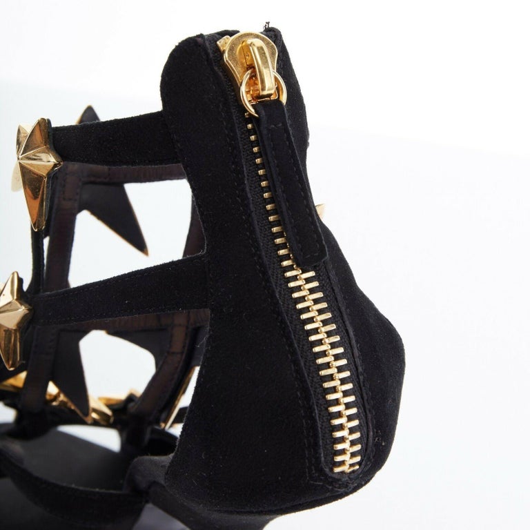 GIUSEPPE ZANOTTI Alien black suede leather gold star strappy sandals ...
