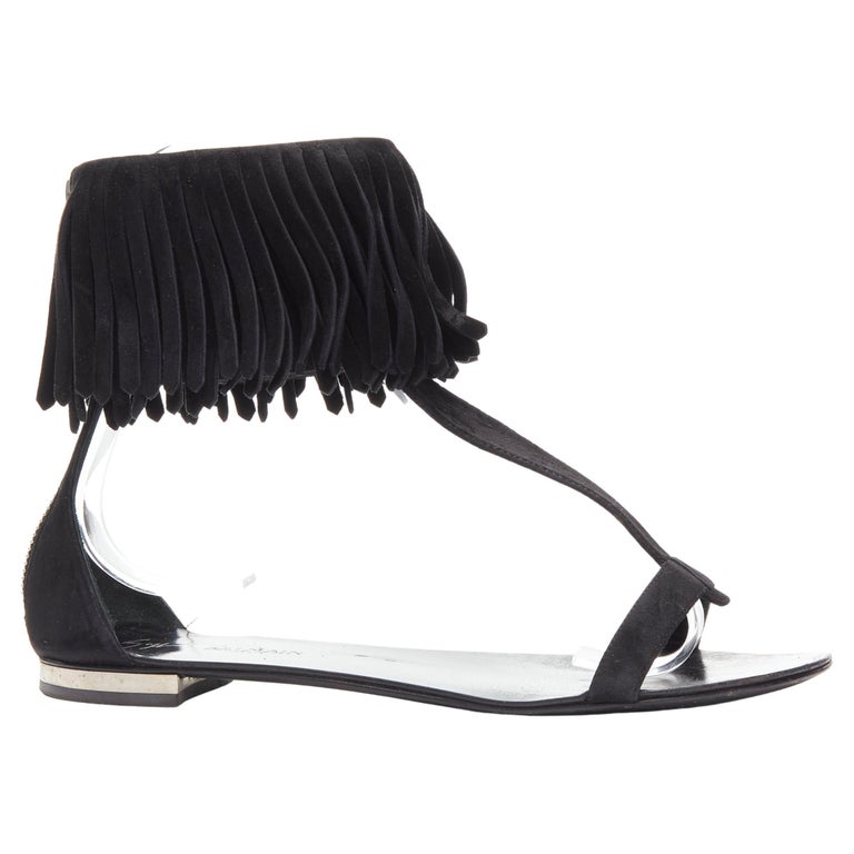 GIUSEPPE ZANOTTI BALMAIN black suede fringe T-strap open toe flat ...