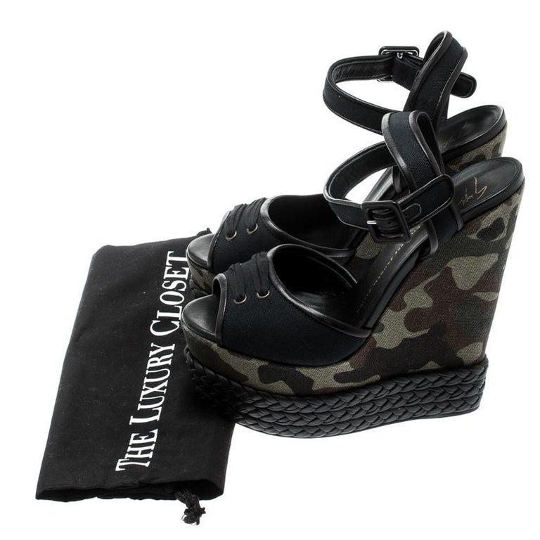 Giuseppe Zanotti Black Canvas And Leather Camouflage Wedge Sandals Size ...