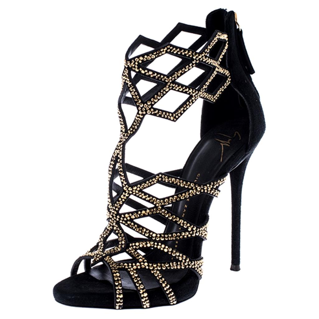 Giuseppe Zanotti Black Crystal Embellished Suede Cut Out Sandals Size ...