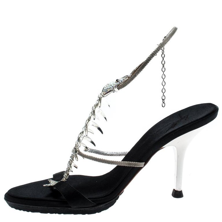 Giuseppe Zanotti Black Satin Crystal Encrusted Fish Bone Sandals Size ...