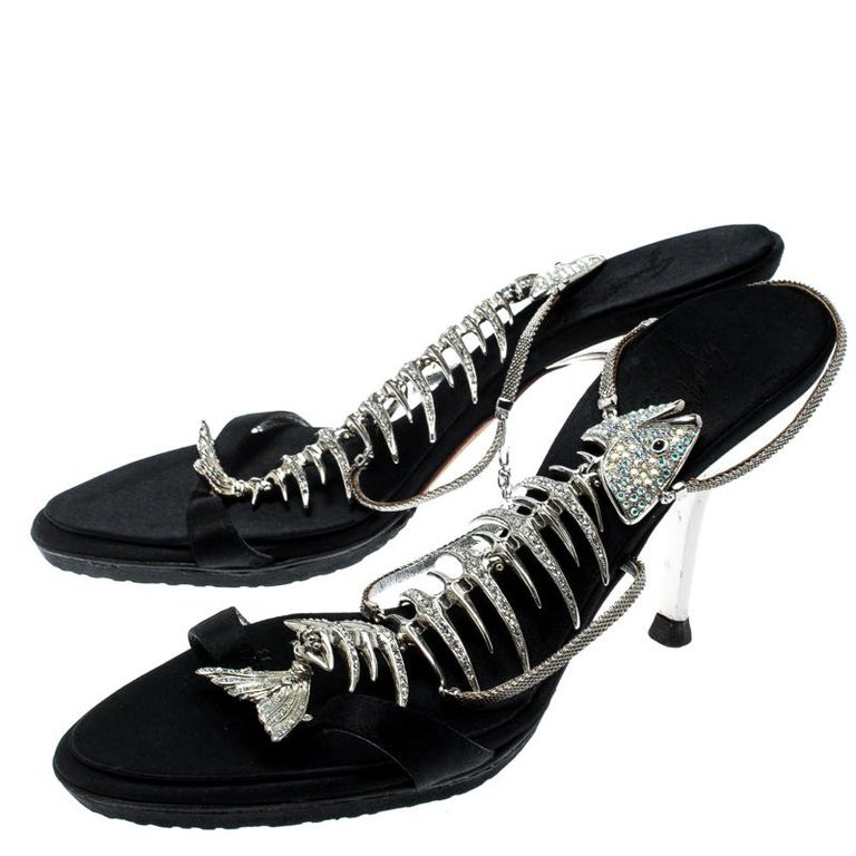 Giuseppe Zanotti Black Satin Crystal Encrusted Fish Bone Sandals Size ...