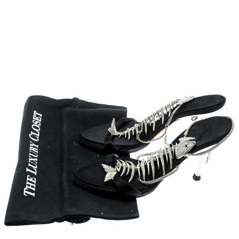 Giuseppe Zanotti Black Satin Crystal Encrusted Fish Bone Sandals Size ...