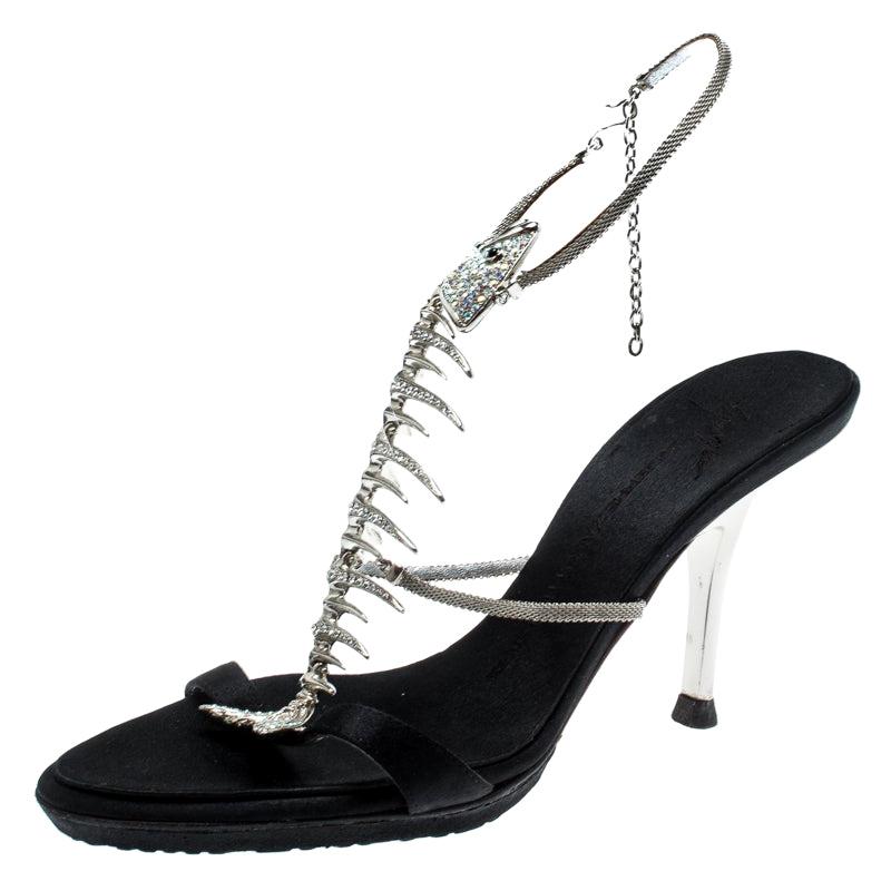 Giuseppe Zanotti Black Satin Crystal Encrusted Fish Bone Sandals Size ...