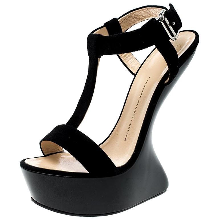 Giuseppe Zanotti Black Suede T Strap Platform Heel Less Wedge Sandals ...