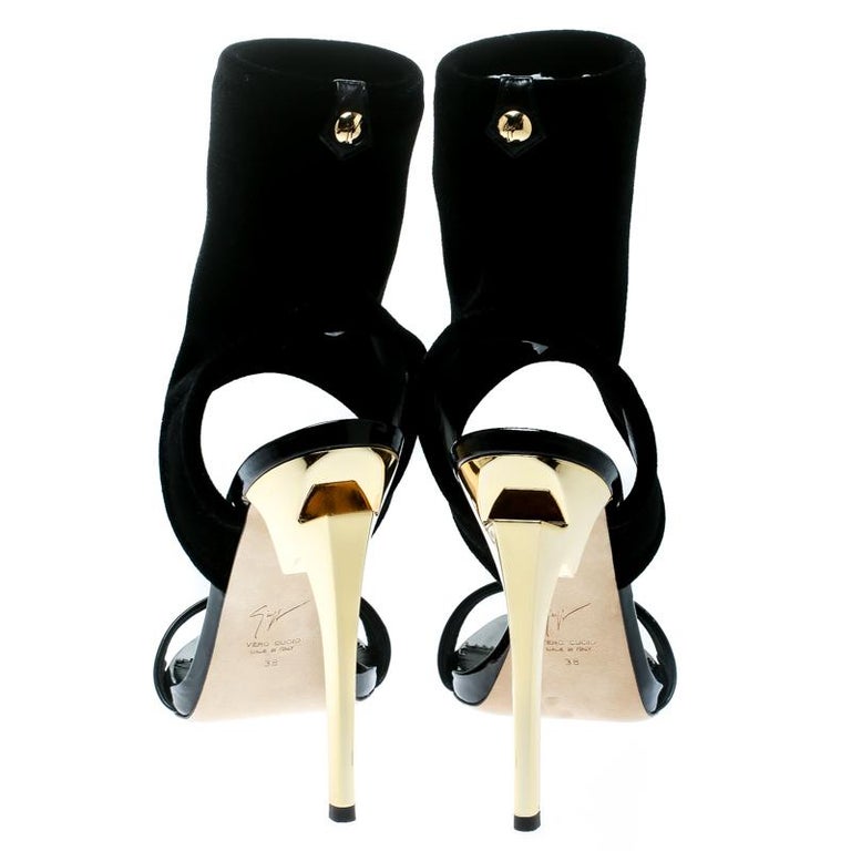 Giuseppe Zanotti Black Velvet/Patent Leather Alien G Heel Sandals Size ...