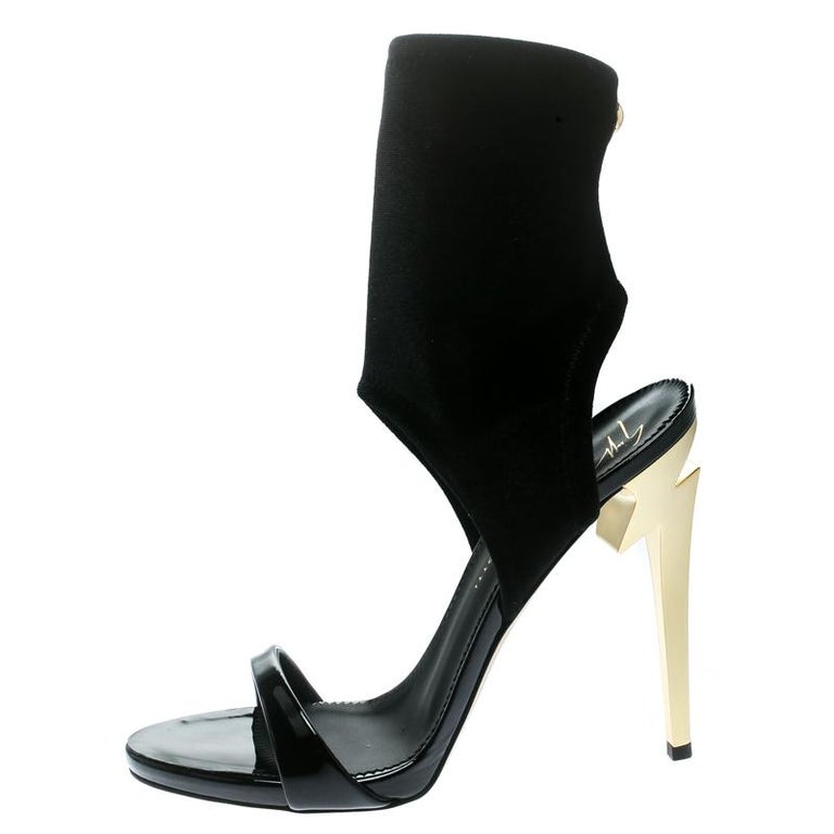 Giuseppe Zanotti Black Velvet/Patent Leather Alien G Heel Sandals Size ...