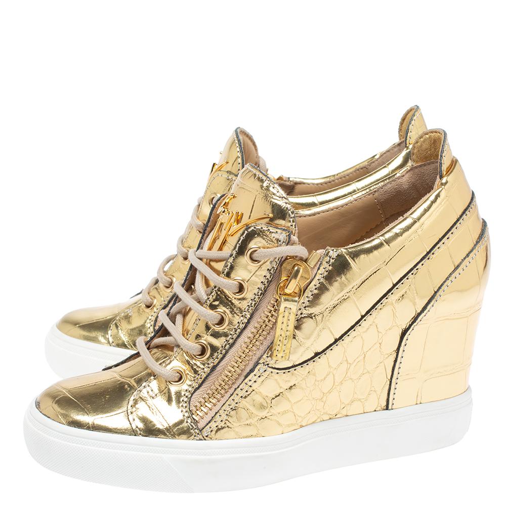 Giuseppe Zanotti Gold Croc Embossed Leather Double Zip Wedge Sneakers ...