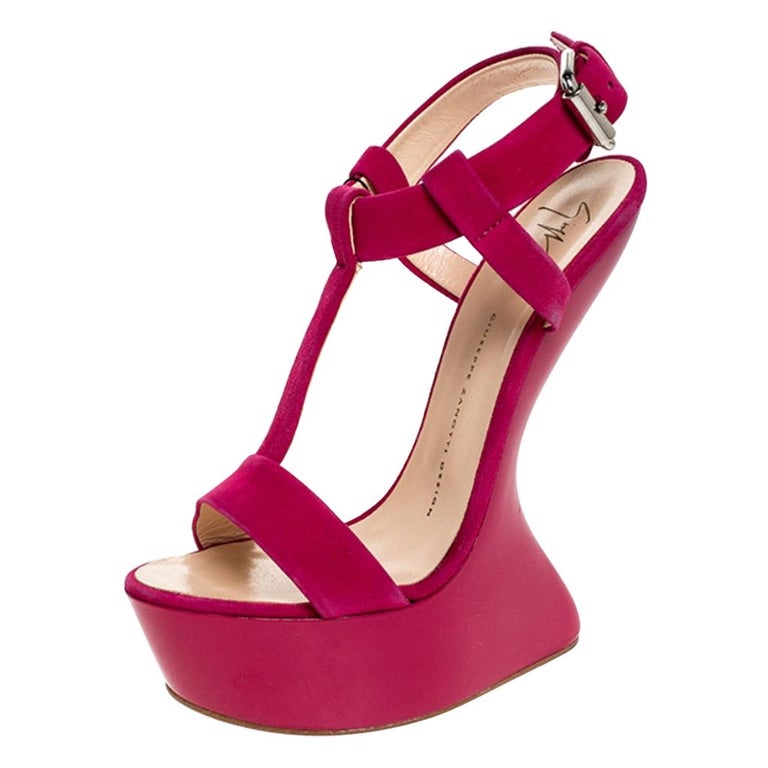 Giuseppe Zanotti Magenta Suede T Strap Sculpted Wedge Sandals Size 36.5 ...