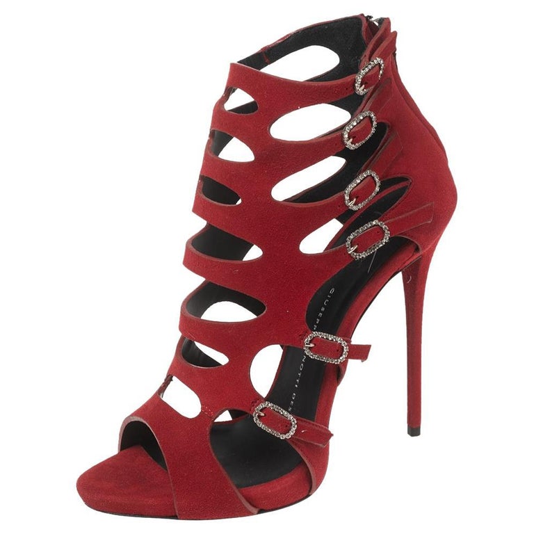 Giuseppe Zanotti Red Suede Multiple Buckle Cut-Out Ankle Booties Size ...