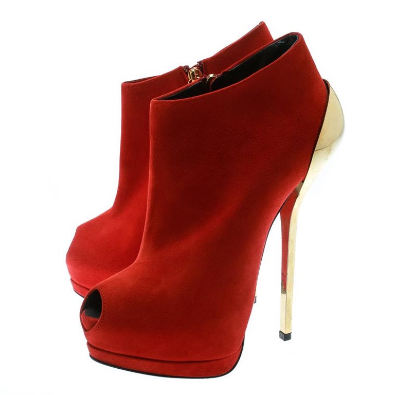 Giuseppe Zanotti Red Suede Peep Toe Platform Booties Size 36 For Sale ...