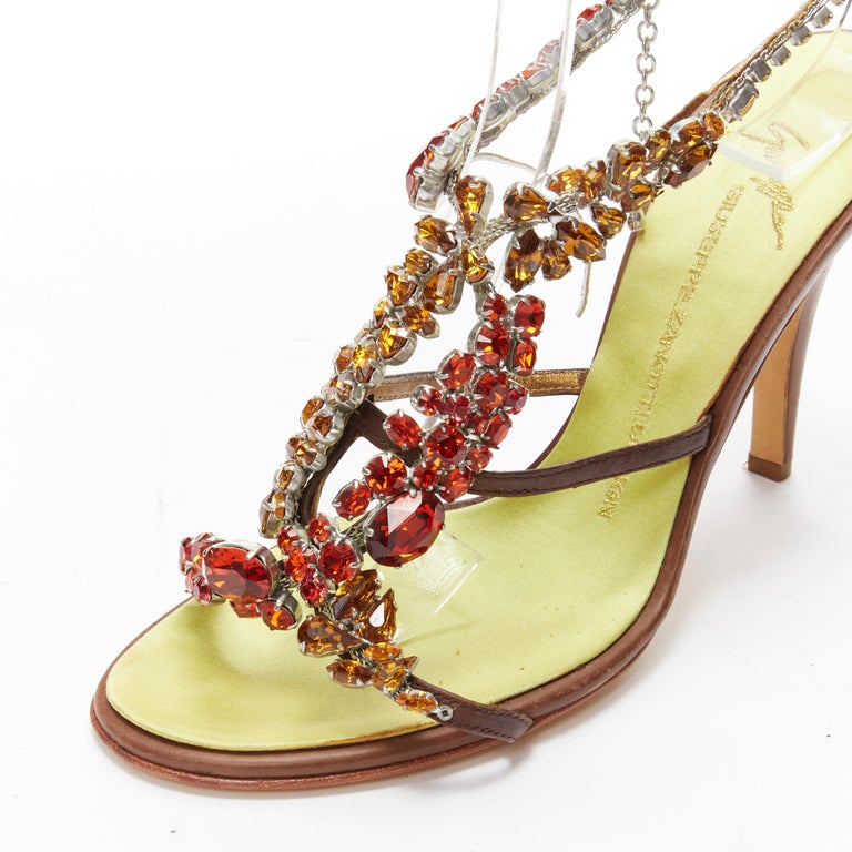 GIUSEPPE ZANOTTI red yellow rhinestone embellished brown leather ...