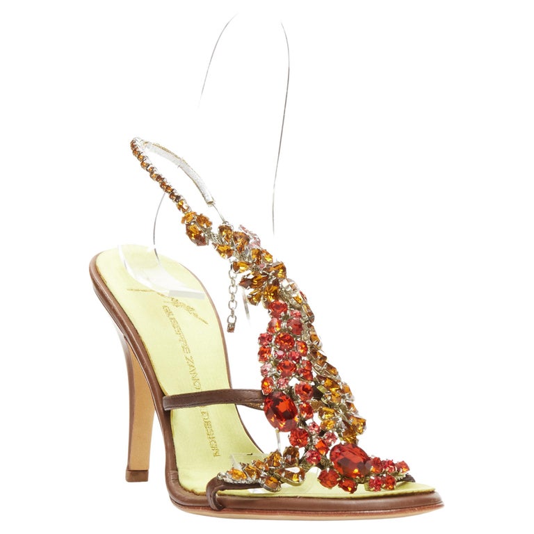 GIUSEPPE ZANOTTI red yellow rhinestone embellished brown leather ...