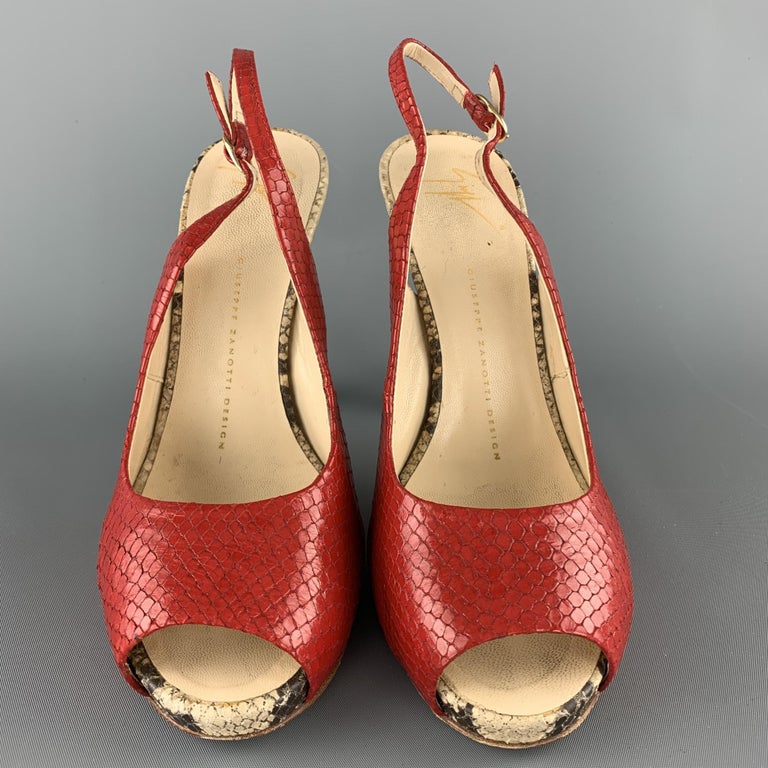 GIUSEPPE ZANOTTI Size 8 Red and Beige Snake Skin Slingback Peep Toe ...