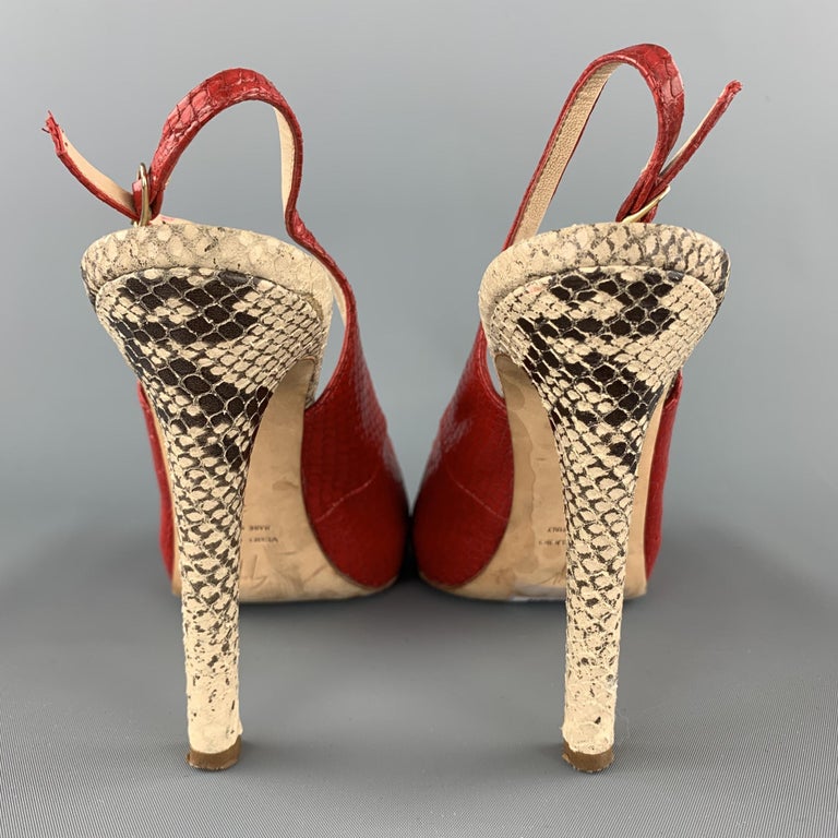 GIUSEPPE ZANOTTI Size 8 Red and Beige Snake Skin Slingback Peep Toe ...