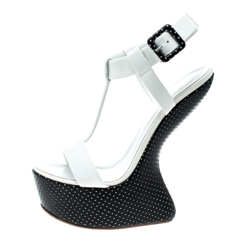 Giuseppe Zanotti White Patent Leather Heel Less T-Strap Wedge Sandals ...
