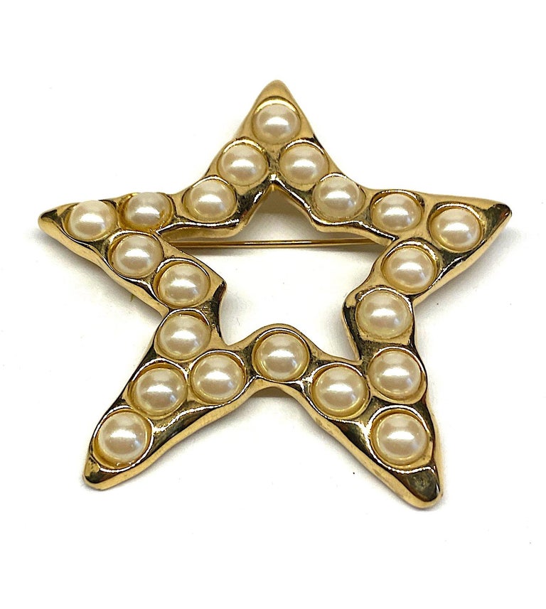 Givenchy 1980s Large Gold and Pearl Cabochon Star Pin at 1stDibs