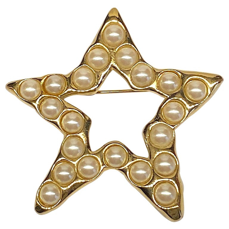 Givenchy 1980s Large Gold and Pearl Cabochon Star Pin at 1stDibs