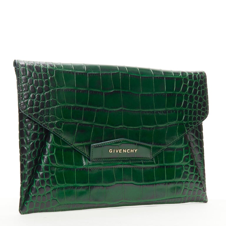 GIVENCHY Antigona green mock croc leather flap envelope clutch bag For Sale at 1stDibs