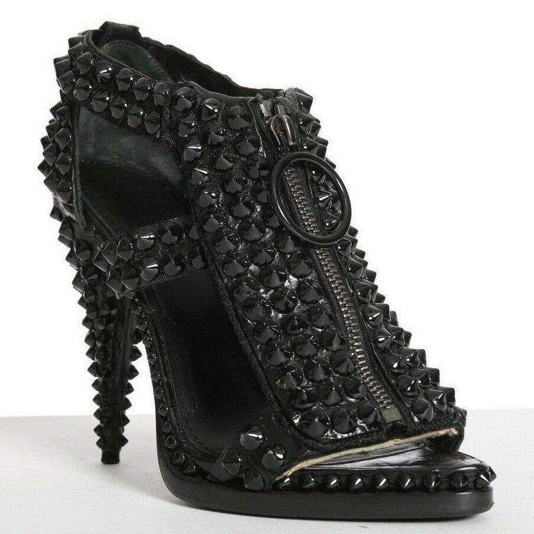 GIVENCHY black leather studded zip front sandals heels EU37.5 US7.5 UK4 ...