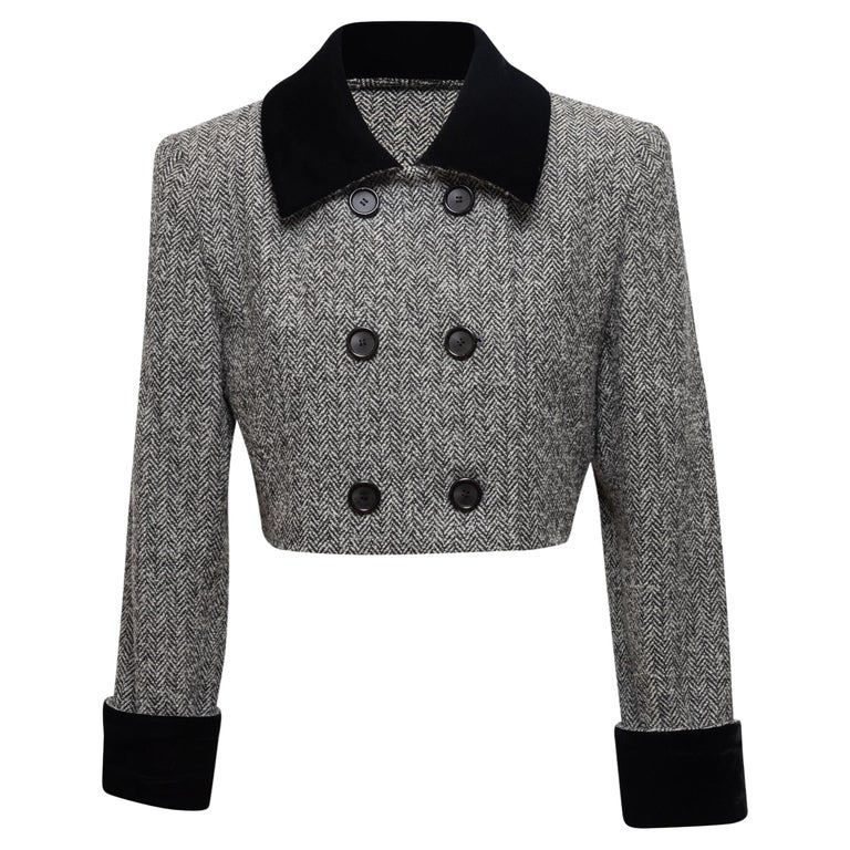 Givenchy Black and White Couture Herringbone Cropped Jacket For Sale at 1stDibs