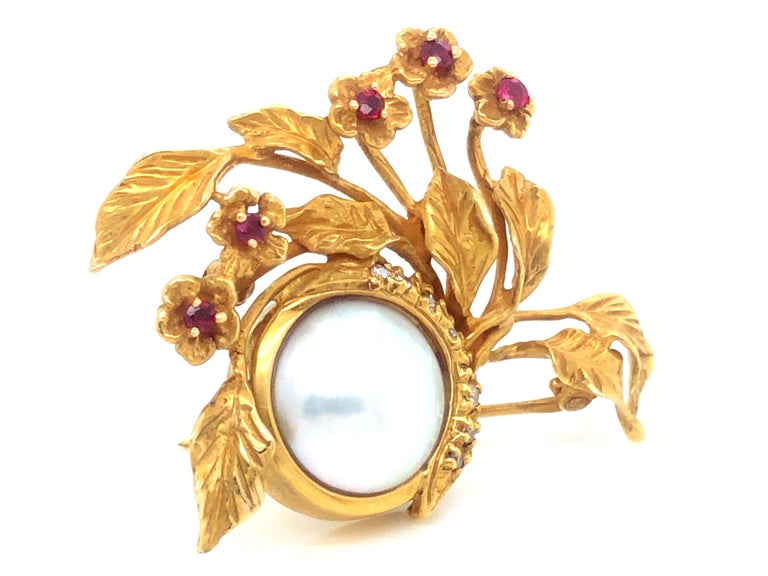 Givenchy Diamond, Ruby and Mabe Pearl Brooch in 14k Yellow Gold For ...