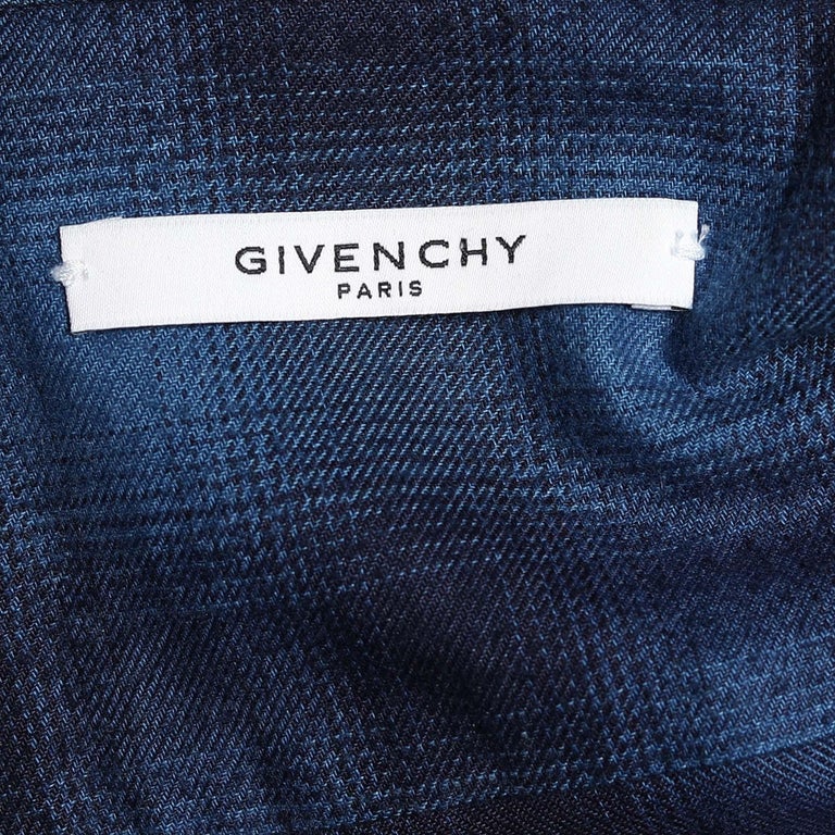 Givenchy Navy Blue Plaid Flannel Stars Patch Long Sleeve Shirt M For Sale at 1stDibs