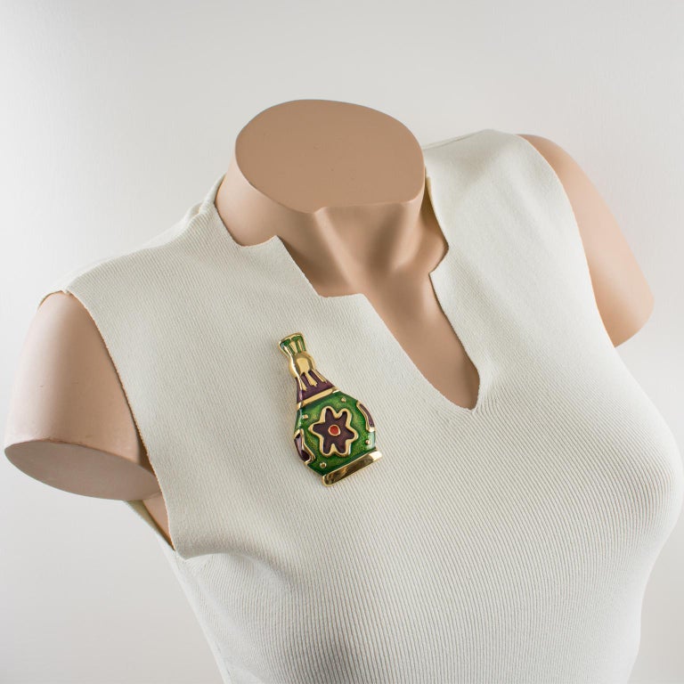 Givenchy Pin Brooch Gilt Metal with Green and Purple Enamel For Sale at ...