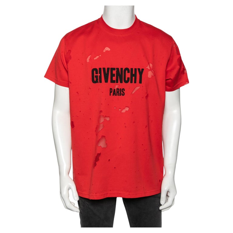 Givenchy Red Distressed Cotton and Mesh Inset Short Sleeve T-Shirt XS ...