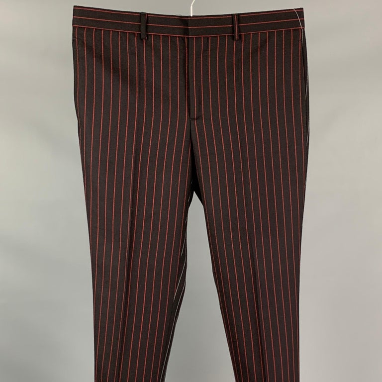 GIVENCHY Size 32 Black and Red Vertical Stripe Wool Zip Fly Dress Pants ...