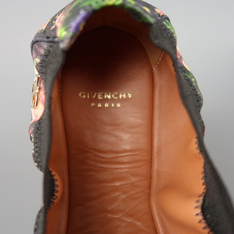 GIVENCHY Size 8.5 Black and Pink Rose Floral Print Leather Ballet Flats ...