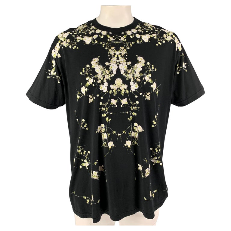 GIVENCHY SS 15 Size L Black White Floral Cotton Crew-Neck T-shirt For Sale at 1stDibs