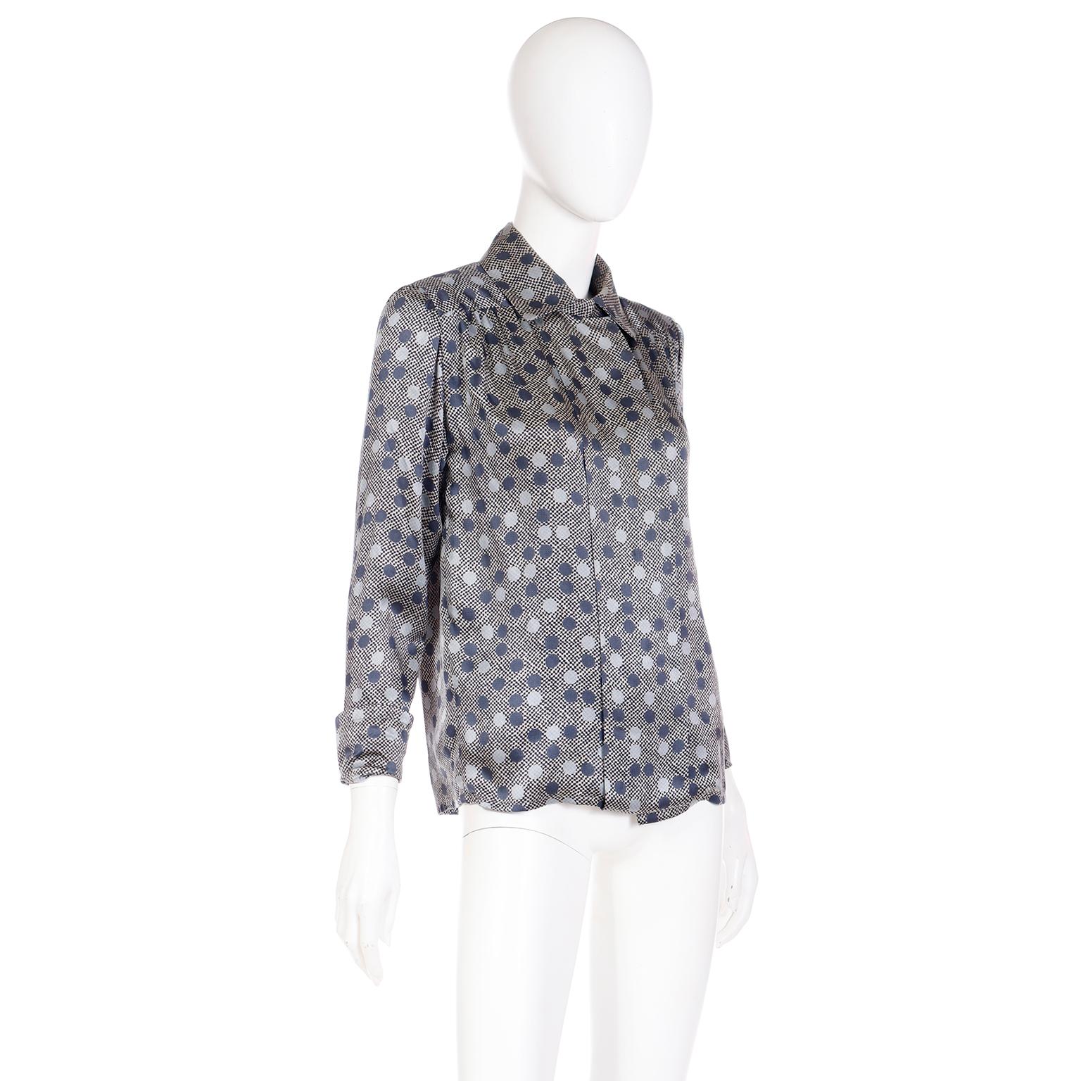 Givenchy Vintage Slate Blue and Grey Polka Dot Check Silk Blouse For Sale at 1stDibs