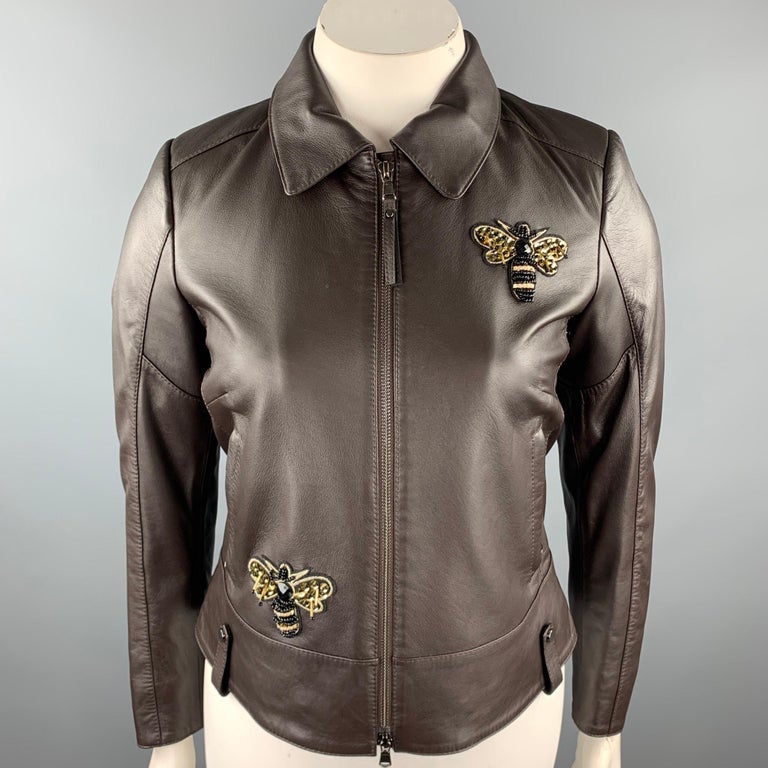 GIZIA Size 6 Brown Leather Bumble Bee Embellishment Zip Up Jacket For ...