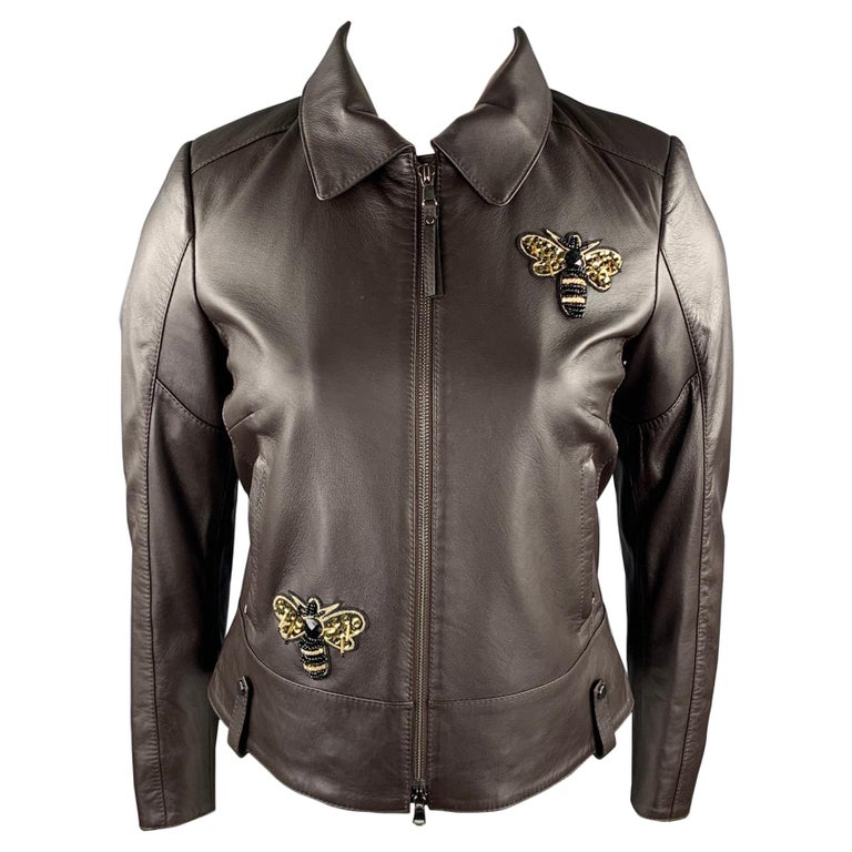 GIZIA Size 6 Brown Leather Bumble Bee Embellishment Zip Up Jacket For ...