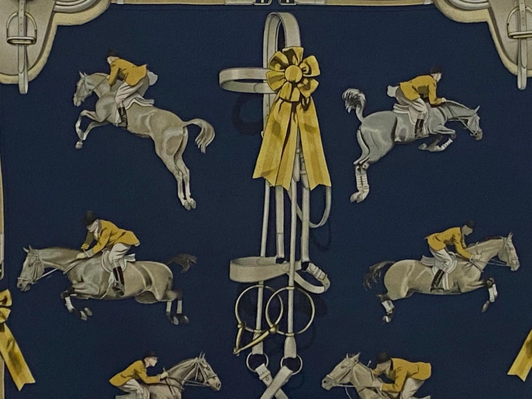 Glam Framed Vintage Hermes Scarf in Navy Blue and Gold at 1stDibs ...