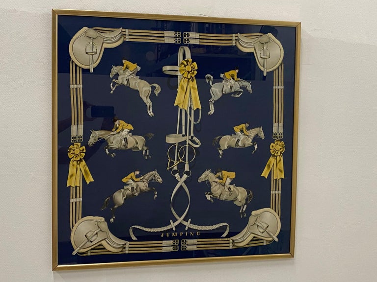 Glam Framed Vintage Hermes Scarf in Navy Blue and Gold at 1stDibs ...