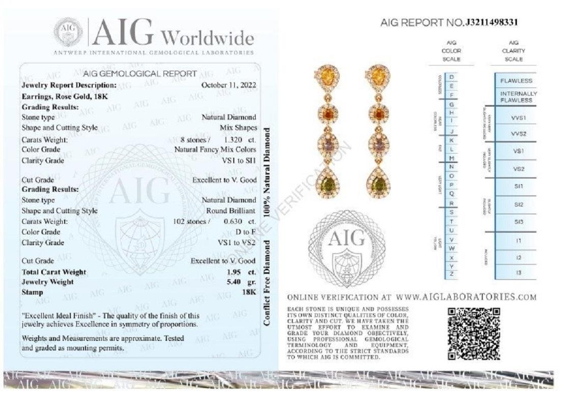 Glamorous 18k Rose Gold Earrings w/ 1.95 Ct Natural Diamonds, AIG ...