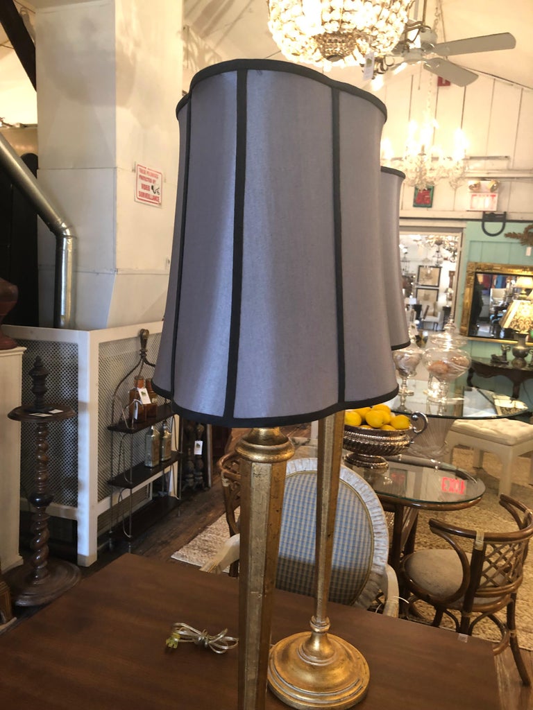 Glamorous Elongated Tall Gilded Table Lamps with Custom Shades For Sale ...