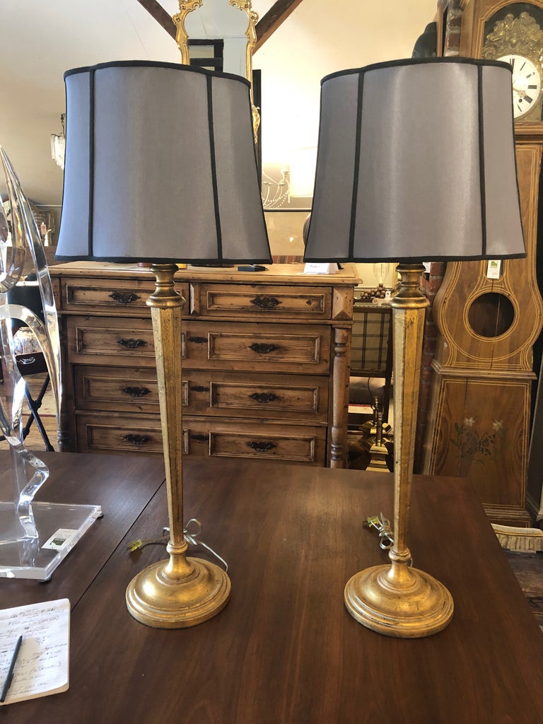 Glamorous Elongated Tall Gilded Table Lamps with Custom Shades For Sale ...