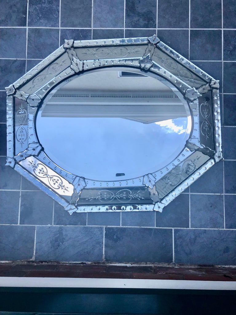 Glamorous Fancy Large Vintage Etched Venetian Style Octagonal Mirror ...