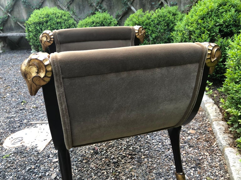 Glamorous Neoclassical Rams Head Ebonized and Gilded Bench at 1stDibs