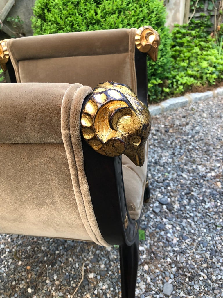 Glamorous Neoclassical Rams Head Ebonized and Gilded Bench at 1stDibs