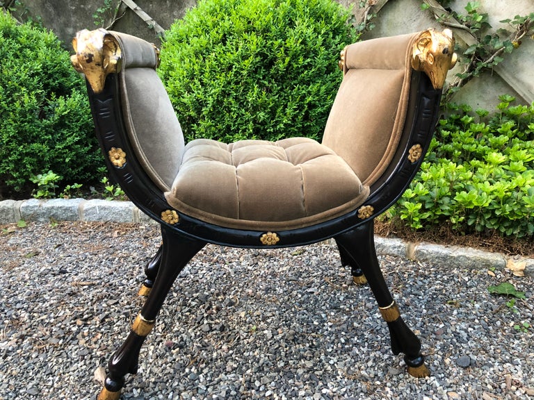 Glamorous Neoclassical Rams Head Ebonized and Gilded Bench at 1stDibs