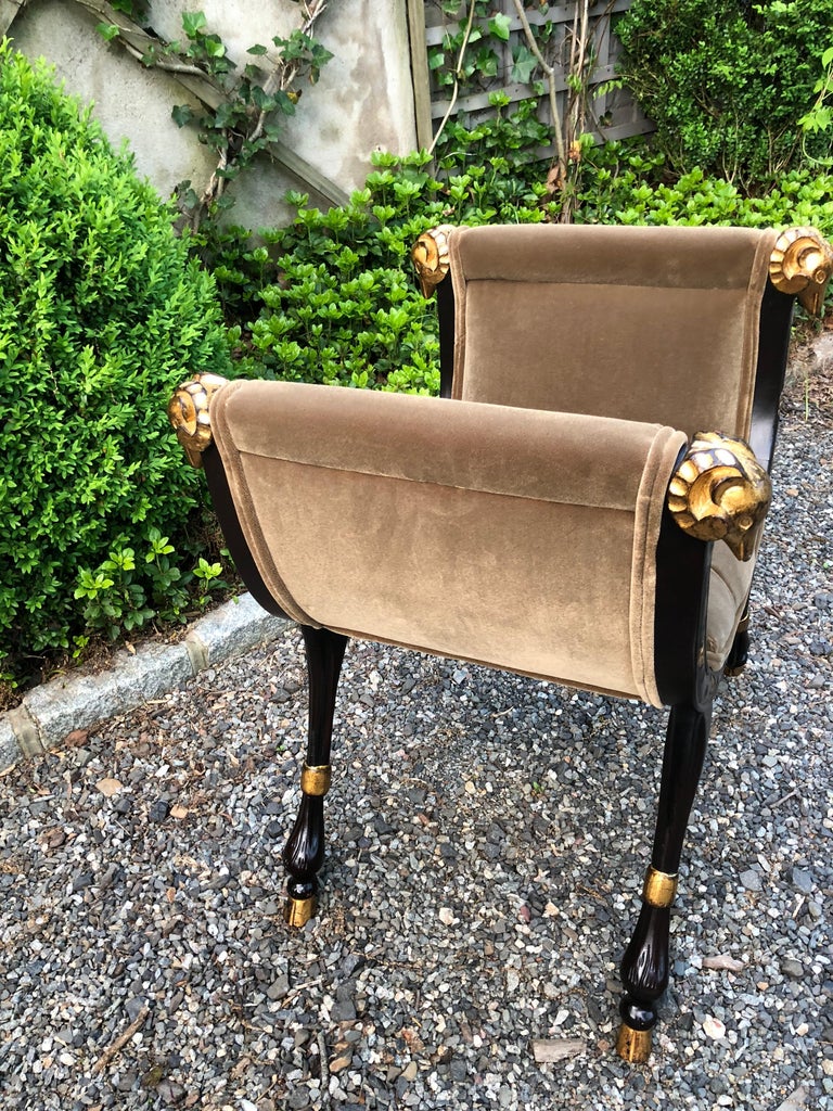 Glamorous Neoclassical Rams Head Ebonized and Gilded Bench at 1stDibs