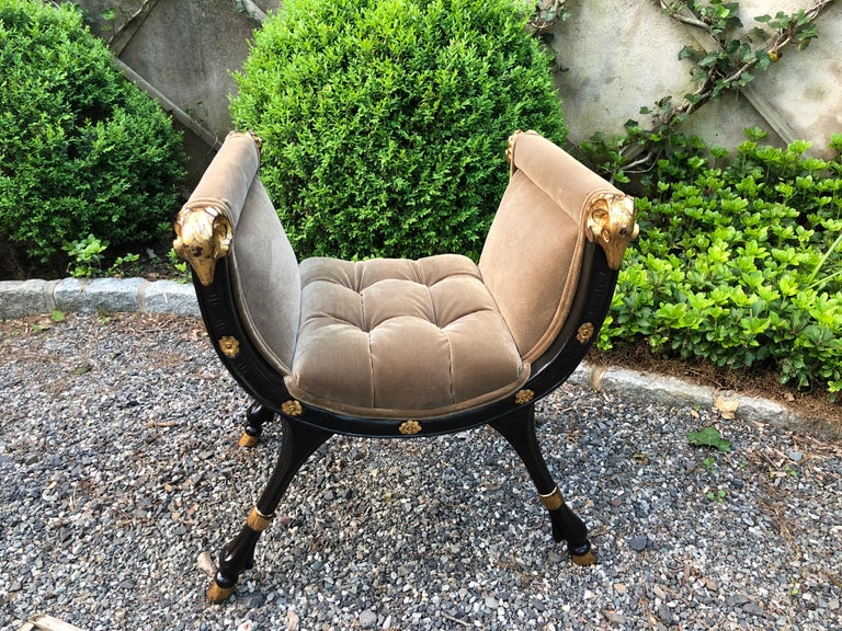 Glamorous Neoclassical Rams Head Ebonized and Gilded Bench at 1stDibs
