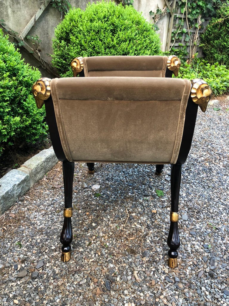 Glamorous Neoclassical Rams Head Ebonized and Gilded Bench at 1stDibs