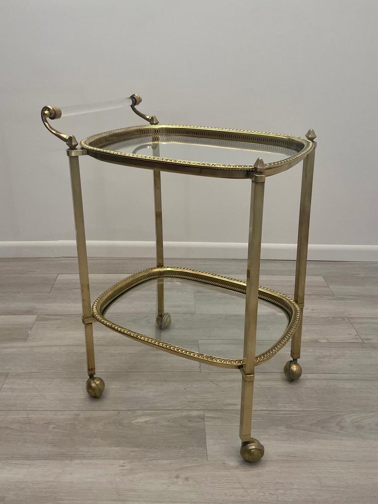 Glamorous Oval Brass and Glass Two Tier Bar Cart with Schnazzy Lucite ...