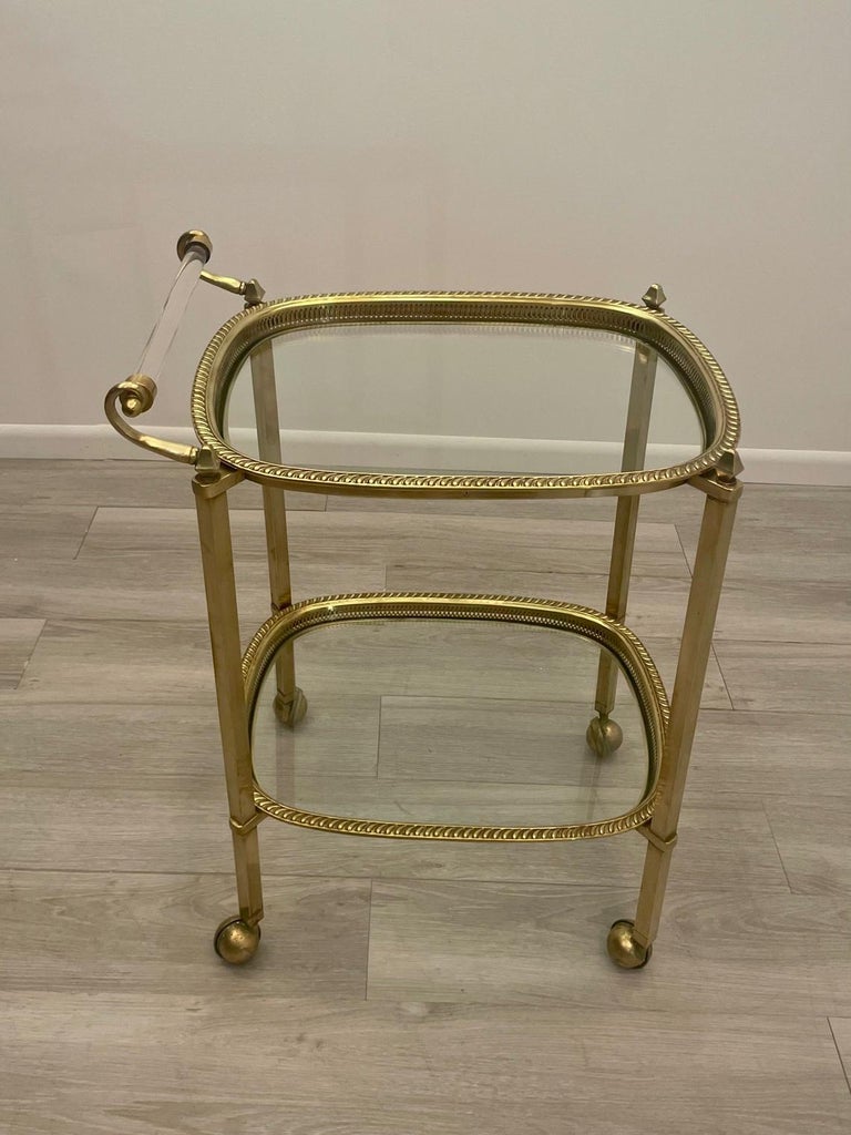 Glamorous Oval Brass and Glass Two Tier Bar Cart with Schnazzy Lucite ...